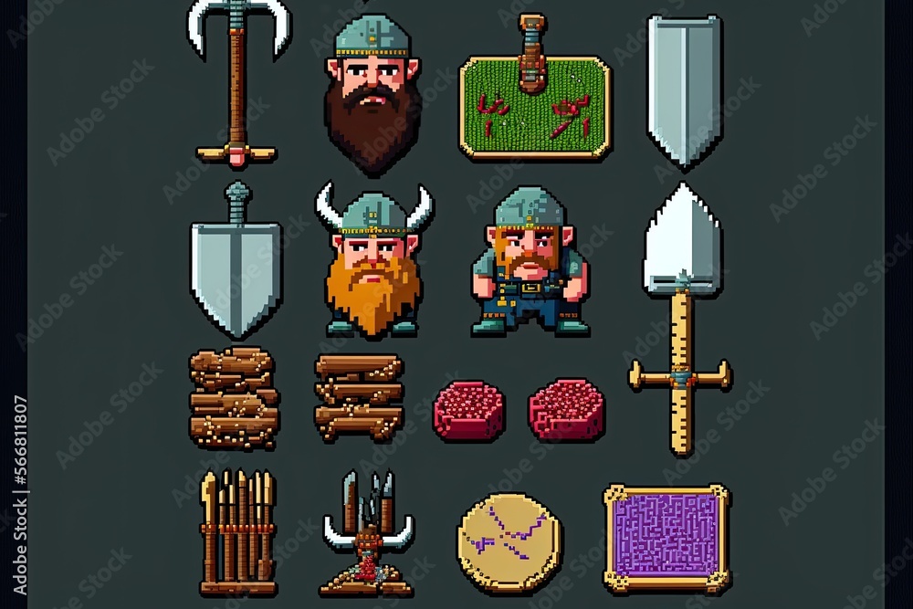 Illustration of indie game assets - 8 bit /16 bit pixel art lookalike ...