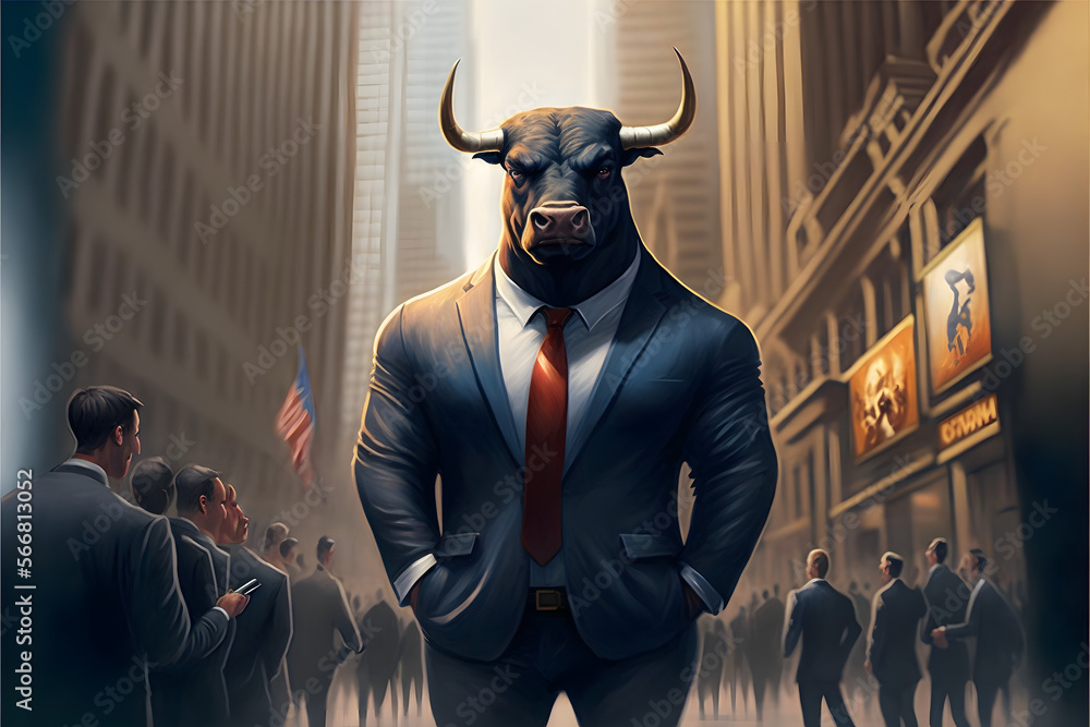 Wall Street Bull in a suit. Wall Street day traders watch the markets ...