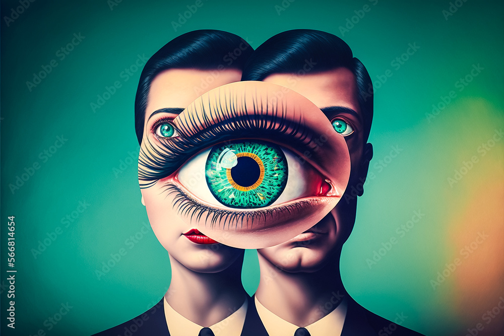 Œil géant avec homme et femme, concept du regard et de la surveillance ...
