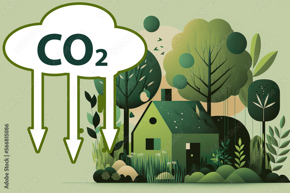 Carbon net zero, Decarbonization, net zero emissions. Surreal modern landscape. Generated AI ...