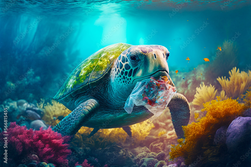 Turtle eat plastic bag - Plastic pollution in ocean - Generative AI ...
