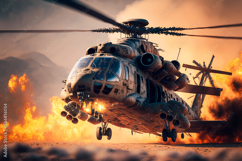 Air war accident Crash, Burning falling military helicopter. Generation ...