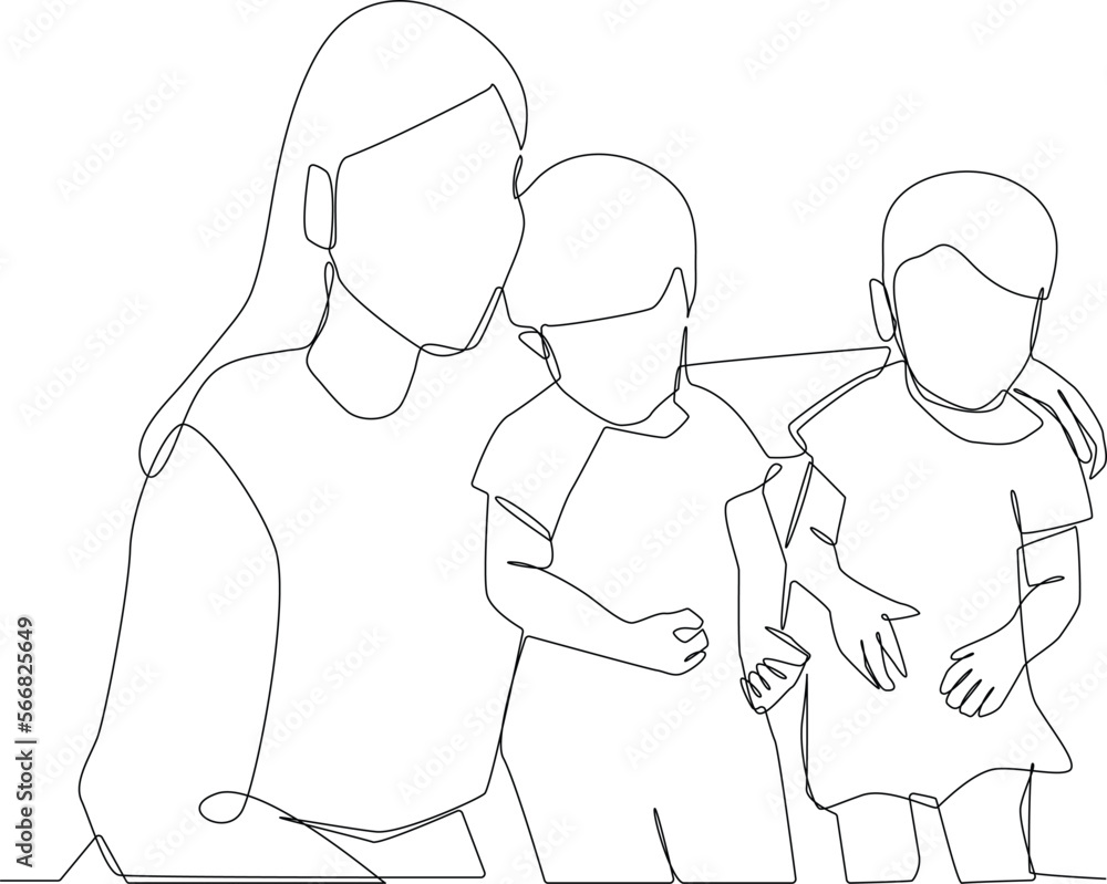 Continuous one line drawing happy mother with twins. Family concept ...
