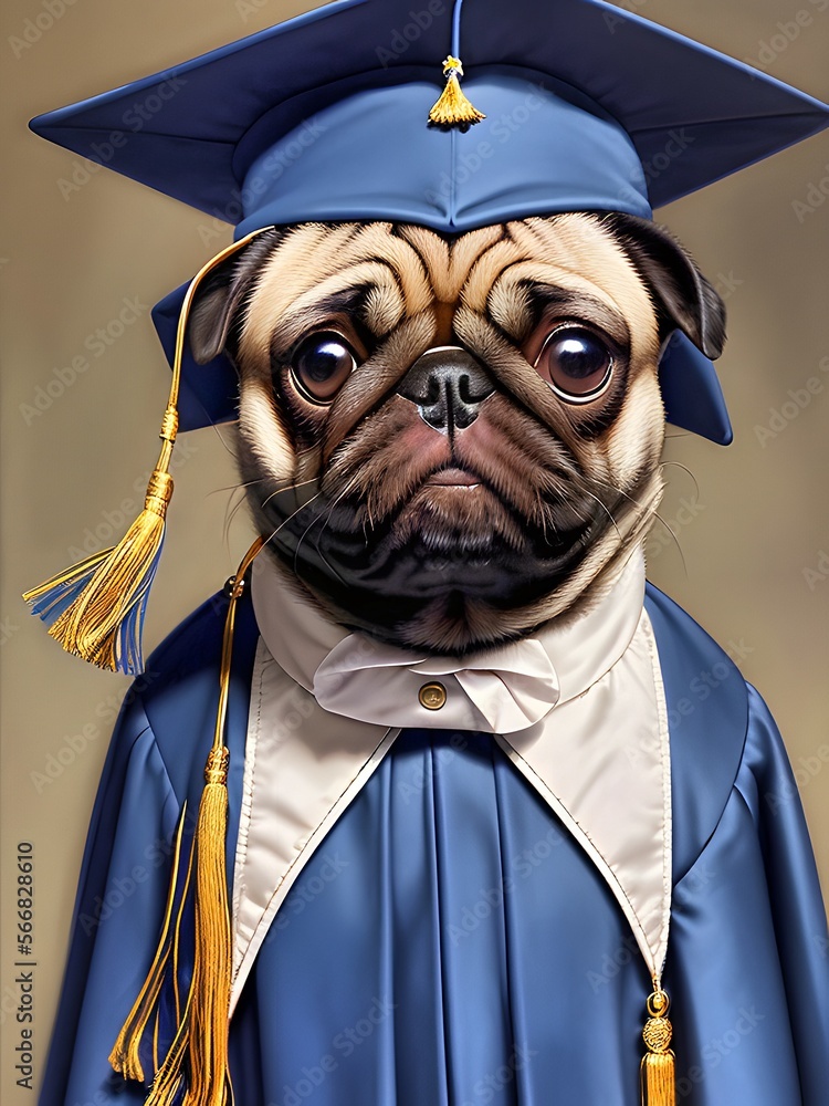 Retrato realista de un perro pug vestido con una toga y birrete de ...