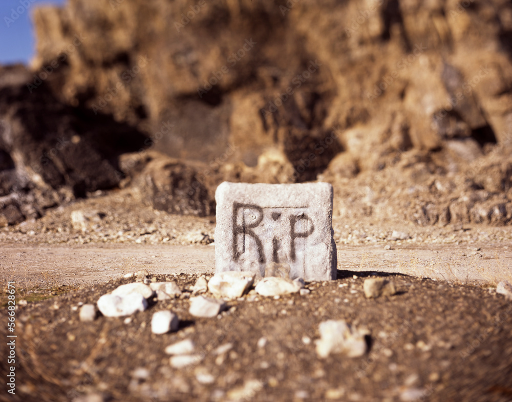 Graffiti, RIP is sprayed on a cement block. Stock-Foto | Adobe Stock