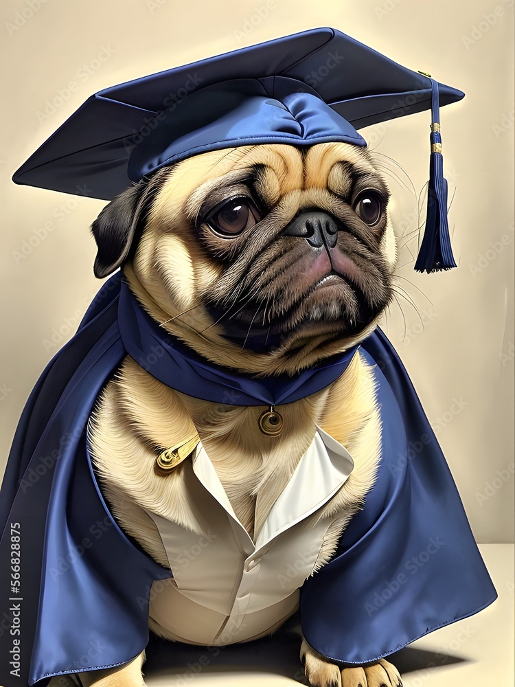 Retrato realista de un perro pug vestido con una toga y birrete de ...