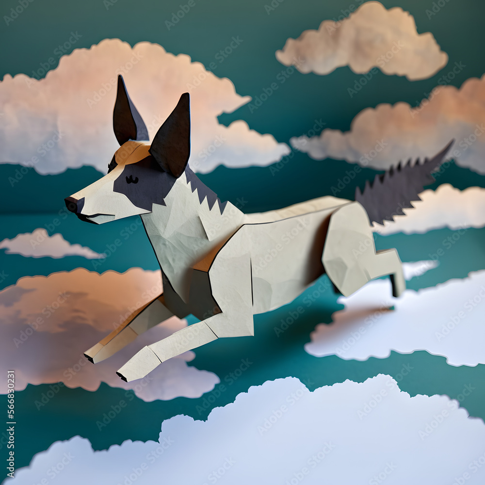 papercraft / collage: happy jumping dog, sky background (generative ai ...