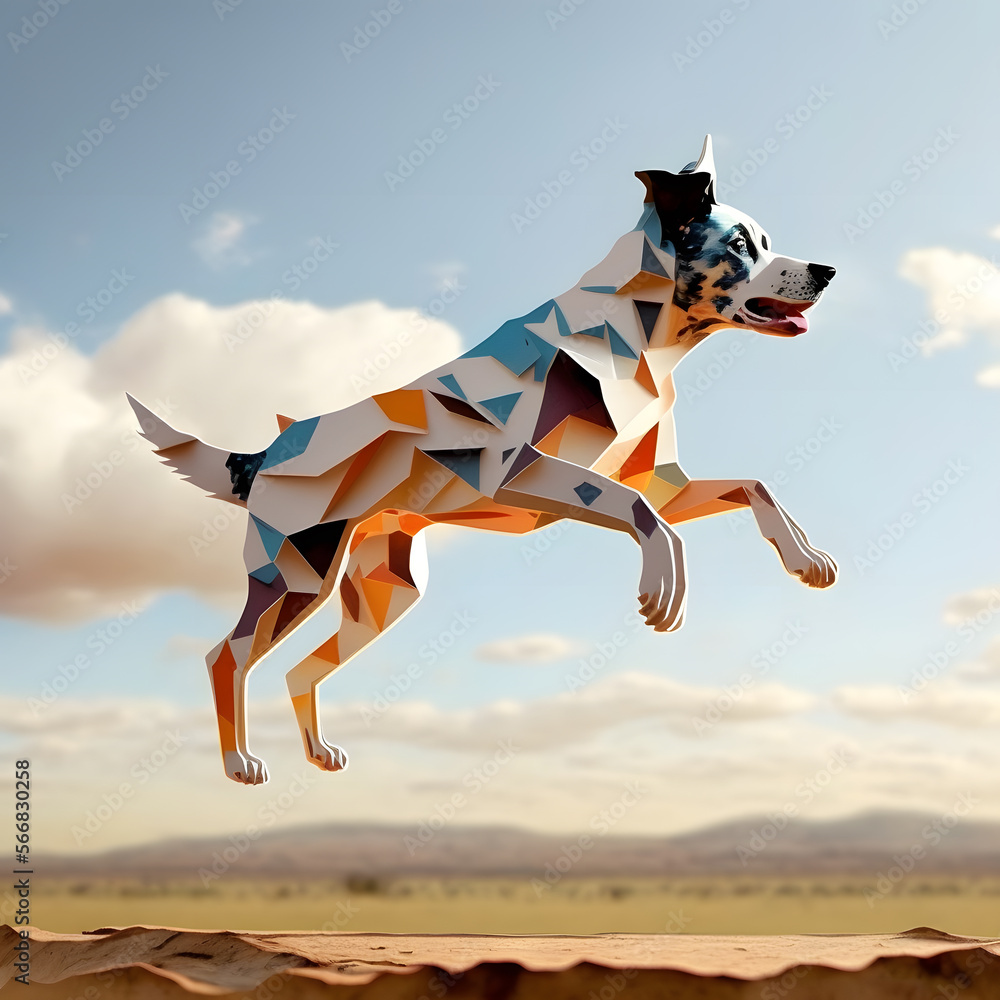 papercraft / collage: happy jumping dog, sky background (generative ai ...