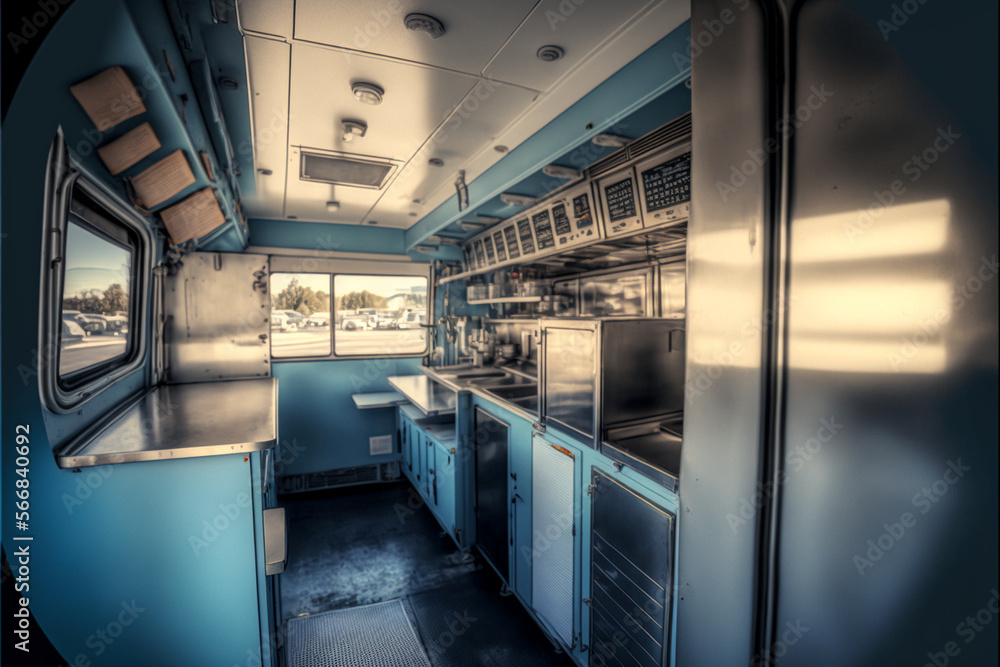 interior view of a food truck, street food preparation trailer ...