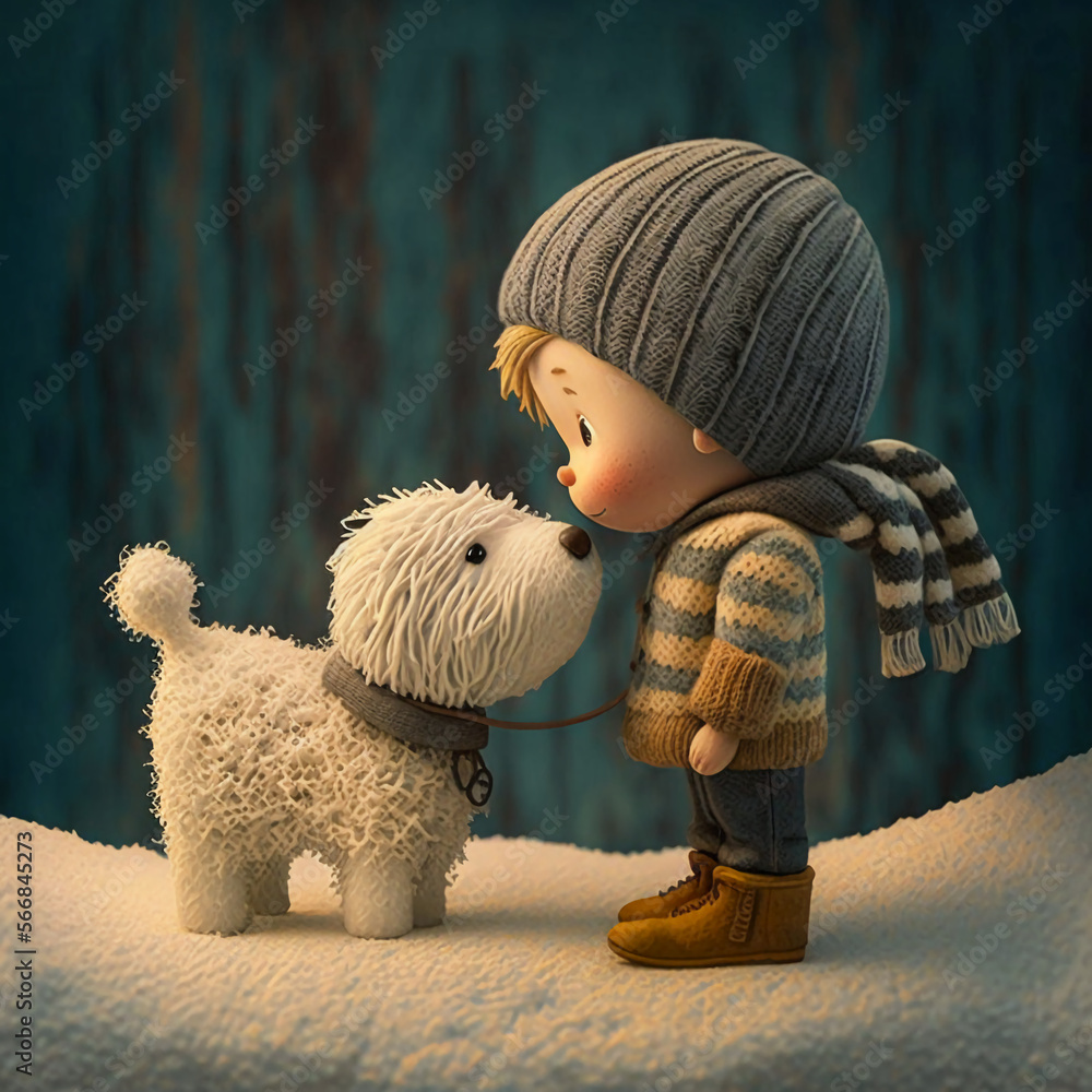 Cute Generative AI boy and adorable fluffy white dog illustration in ...
