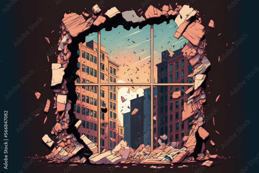 Glass from a smashed window has broken. Building destroyed, window ...
