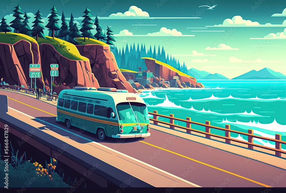 Photo & Art Print a cartoon illustration, bus driving on a flyover on ...