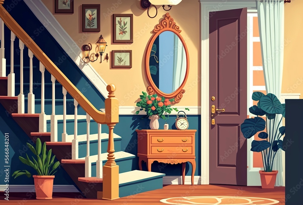 cartoon illustration, interior of the entrance of the house with stairs ...
