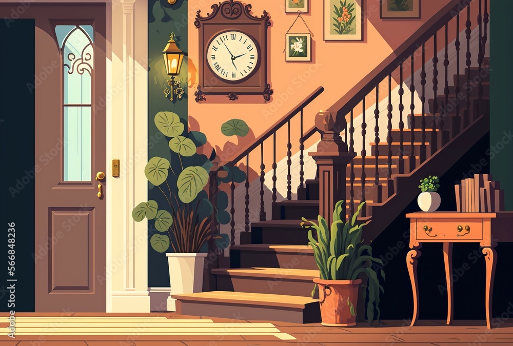 cartoon illustration, interior of the entrance of the house with stairs ...