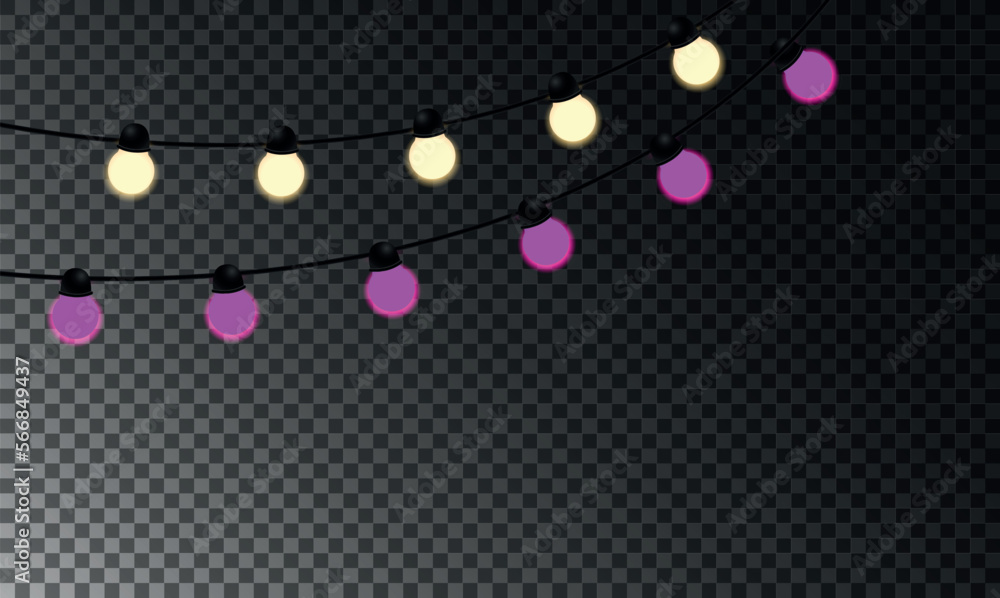 Yellow and purple light bulbs on wire strings. Realistic vector ...
