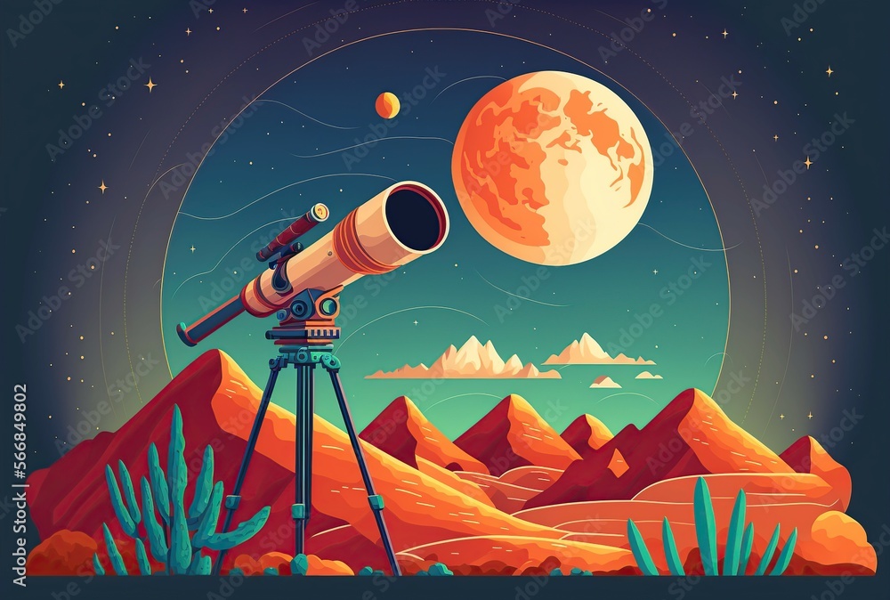 cartoon illustration, telescope for science and studying astronomy ...