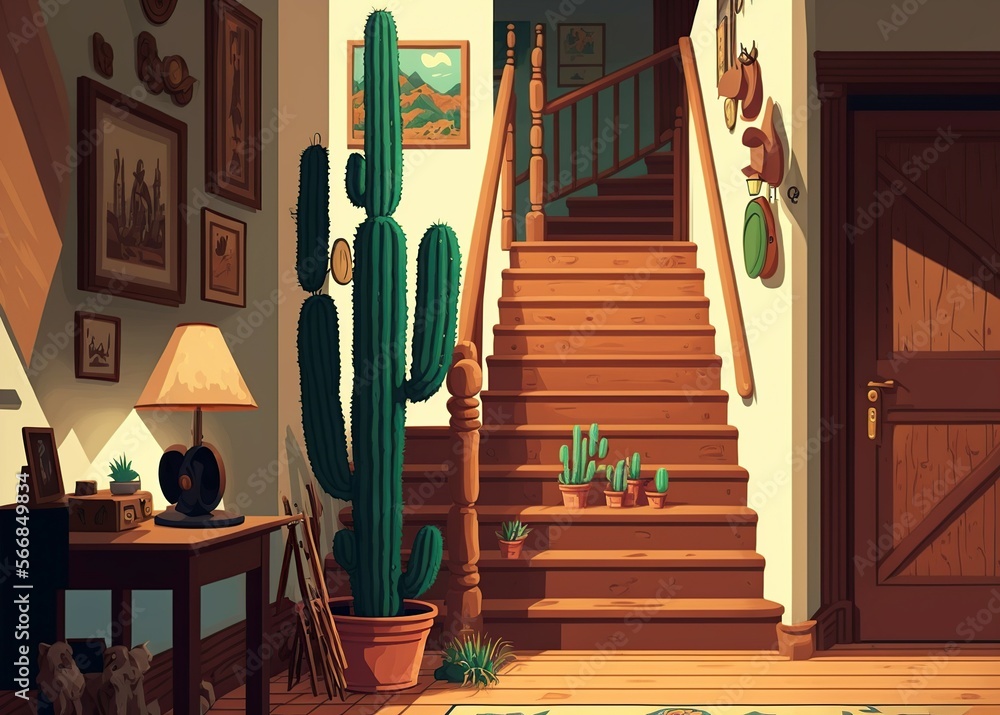cartoon illustration, interior of the entrance of the house with stairs ...