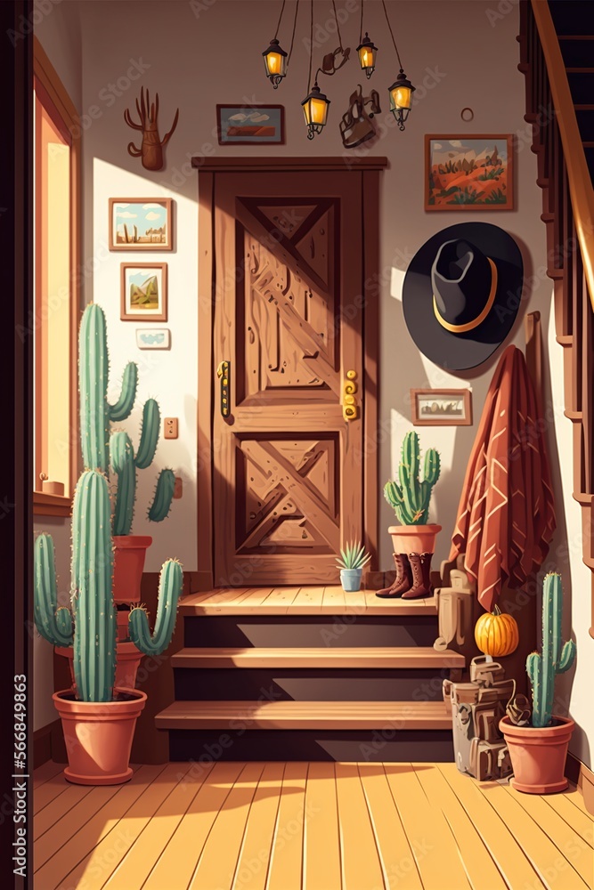 cartoon illustration, interior of the entrance of the house with stairs ...