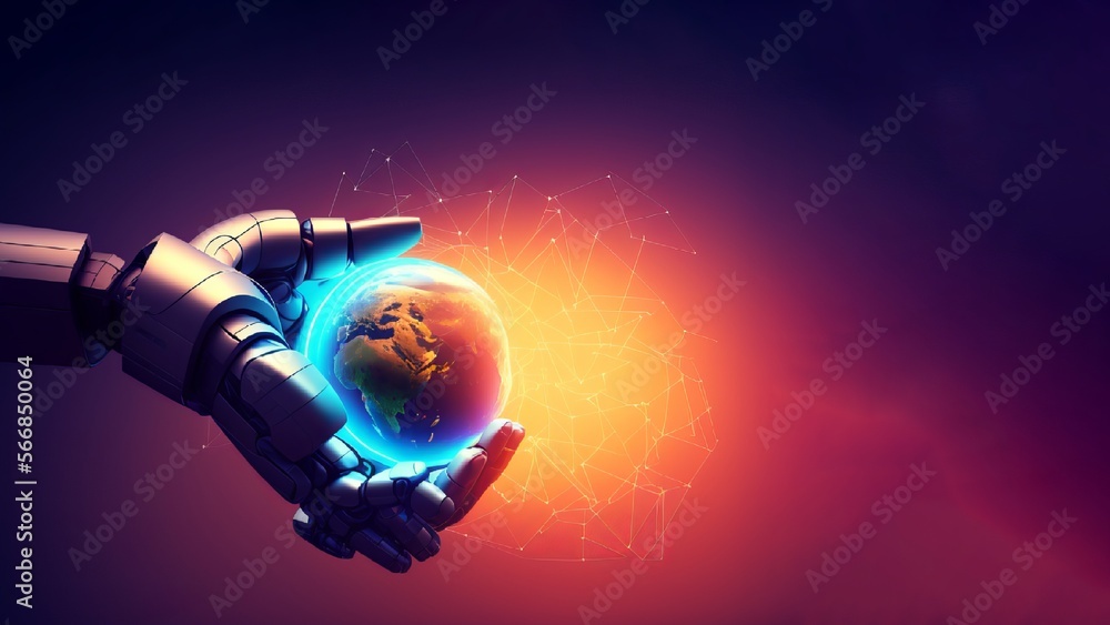 Robot Technology Controls The World Robotic Hand Holding Planet Earth ...