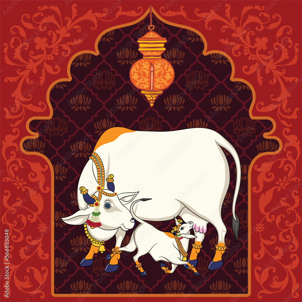 Indian Traditional Cow and calf Painting with elegant lotus designs ...