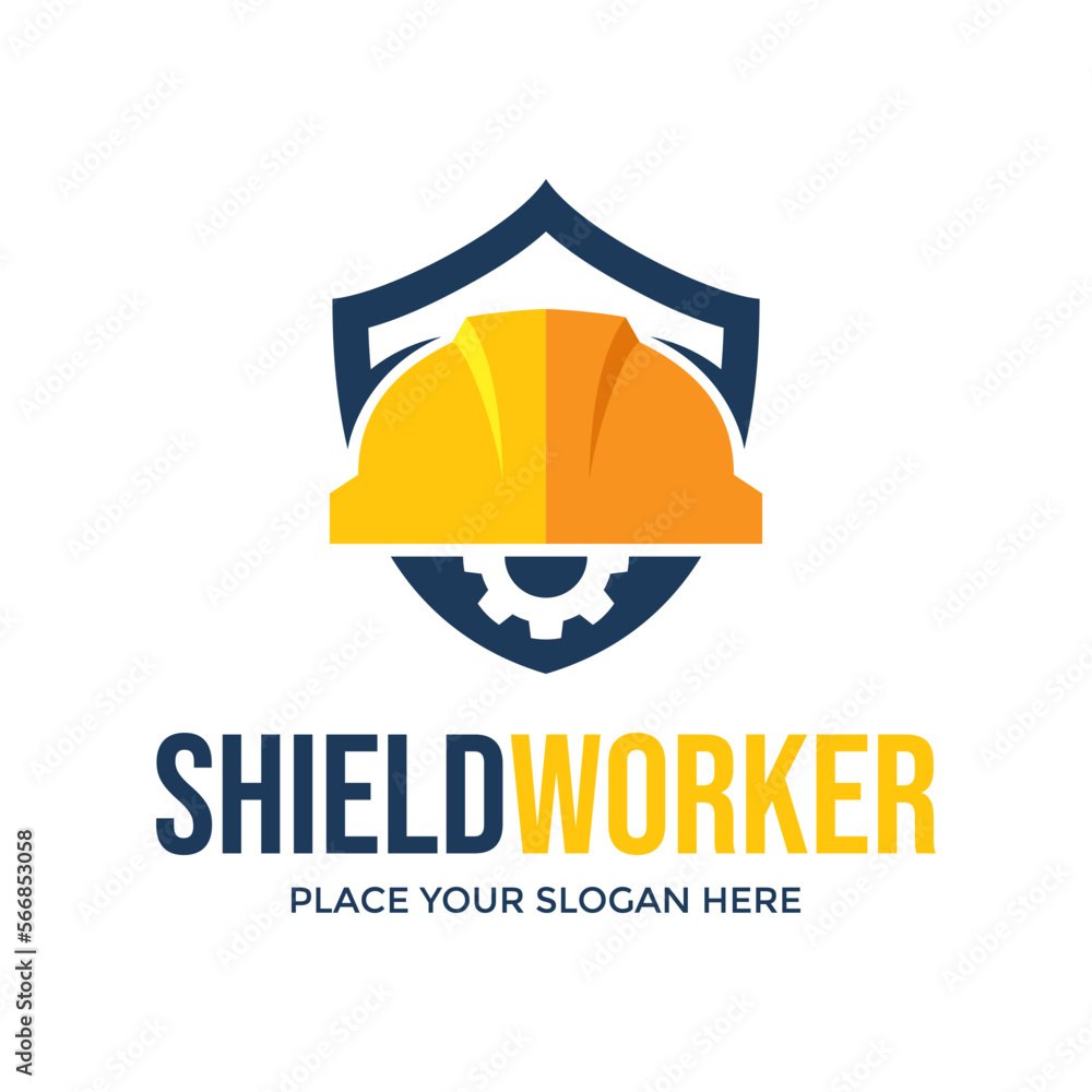 Shield worker vector logo template. This design use hlemet, gear and ...