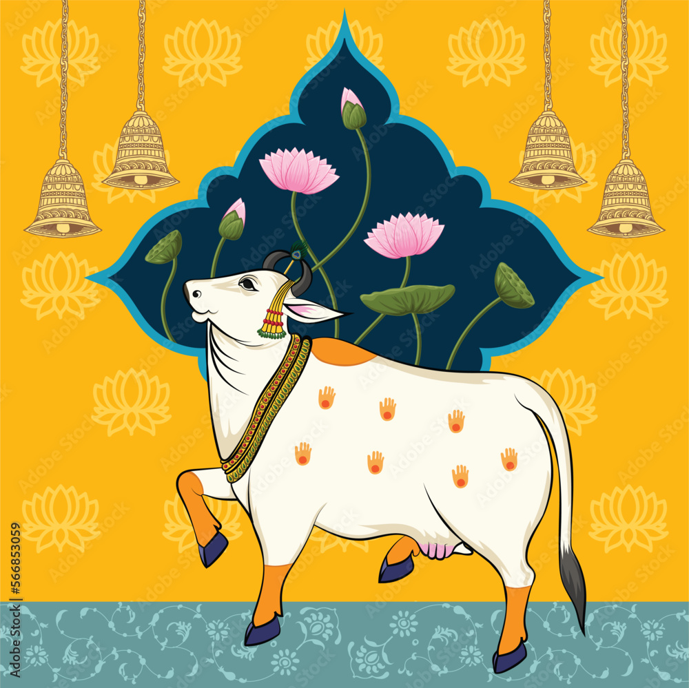 Indian Traditional Cow art work with background lotus designs Stock ...