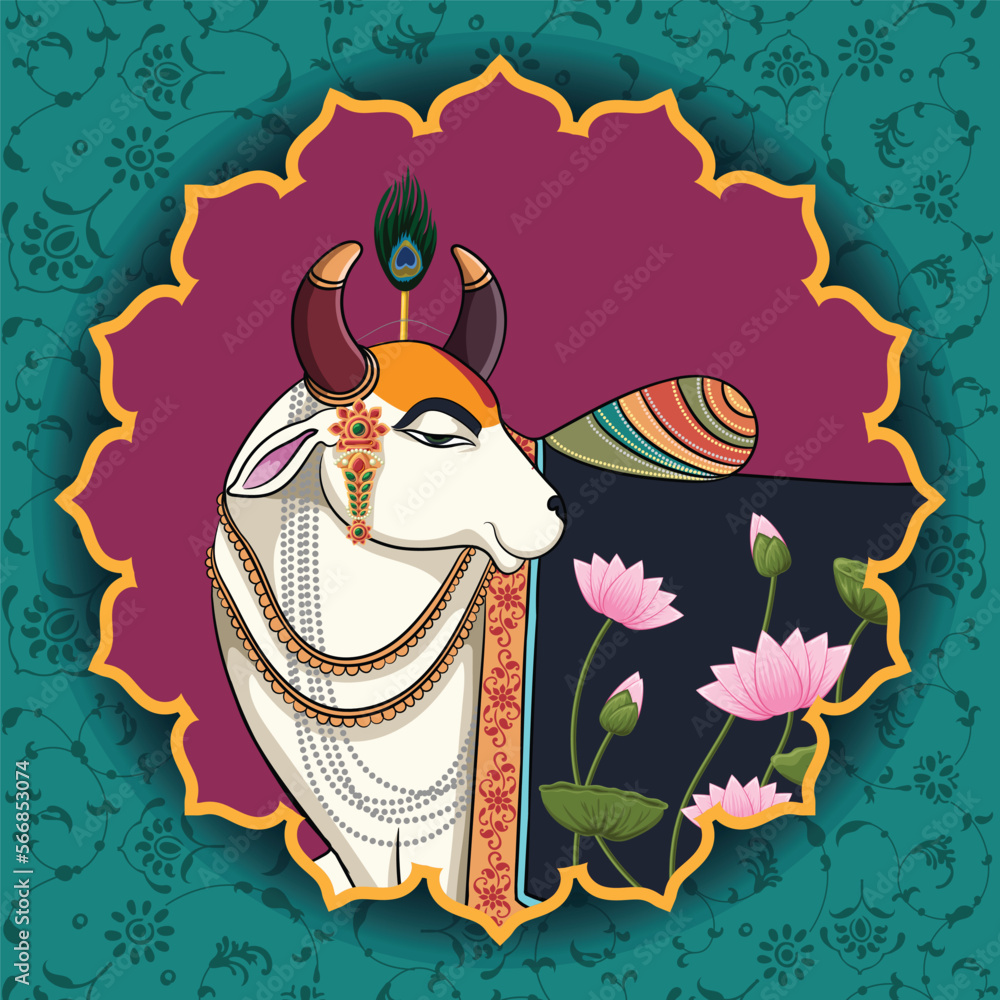 Indian Traditional Cow Portrait Painting in a round design Stock Vector ...