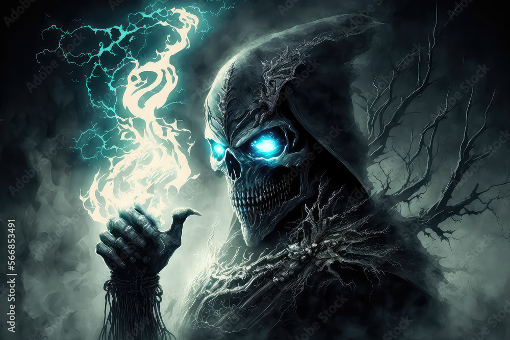 A sinister devastated necromancer in a spiked hood and a torn cloak ...