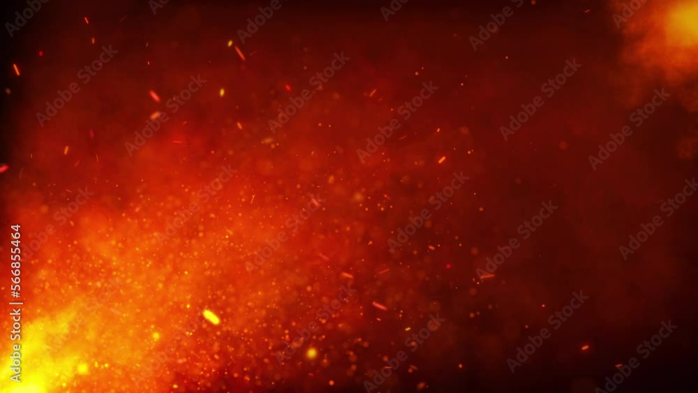 Abstract loop orange fire dust particles with smoke cloud flare explod ...