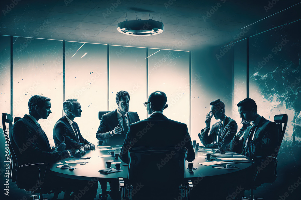 Serious businesspeople in suits having an important meeting in ...