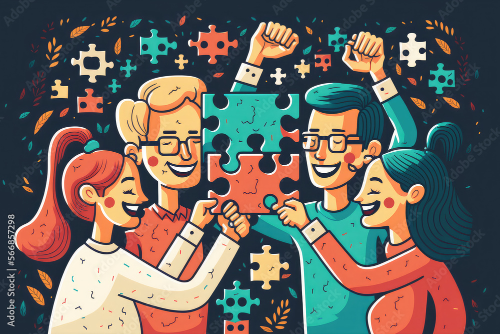 Smiling colleagues high fiving each other as they place the final piece ...