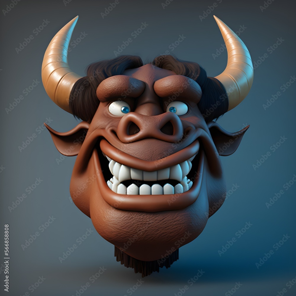 happy and smiling minotaurs head isolated floating 3d head eyes wide ...
