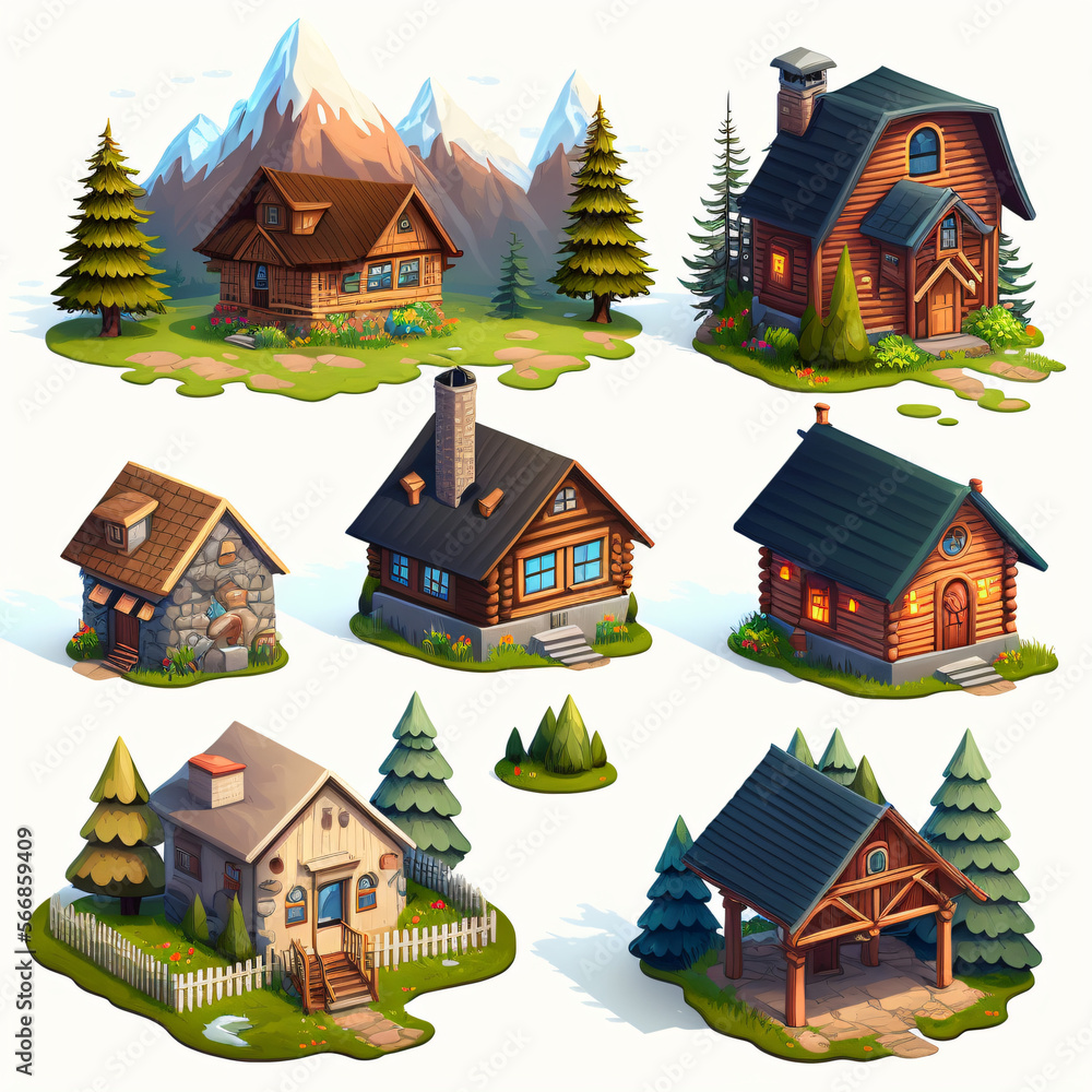 wood mountain cabin set of videogame sprite assets isolated on a white ...