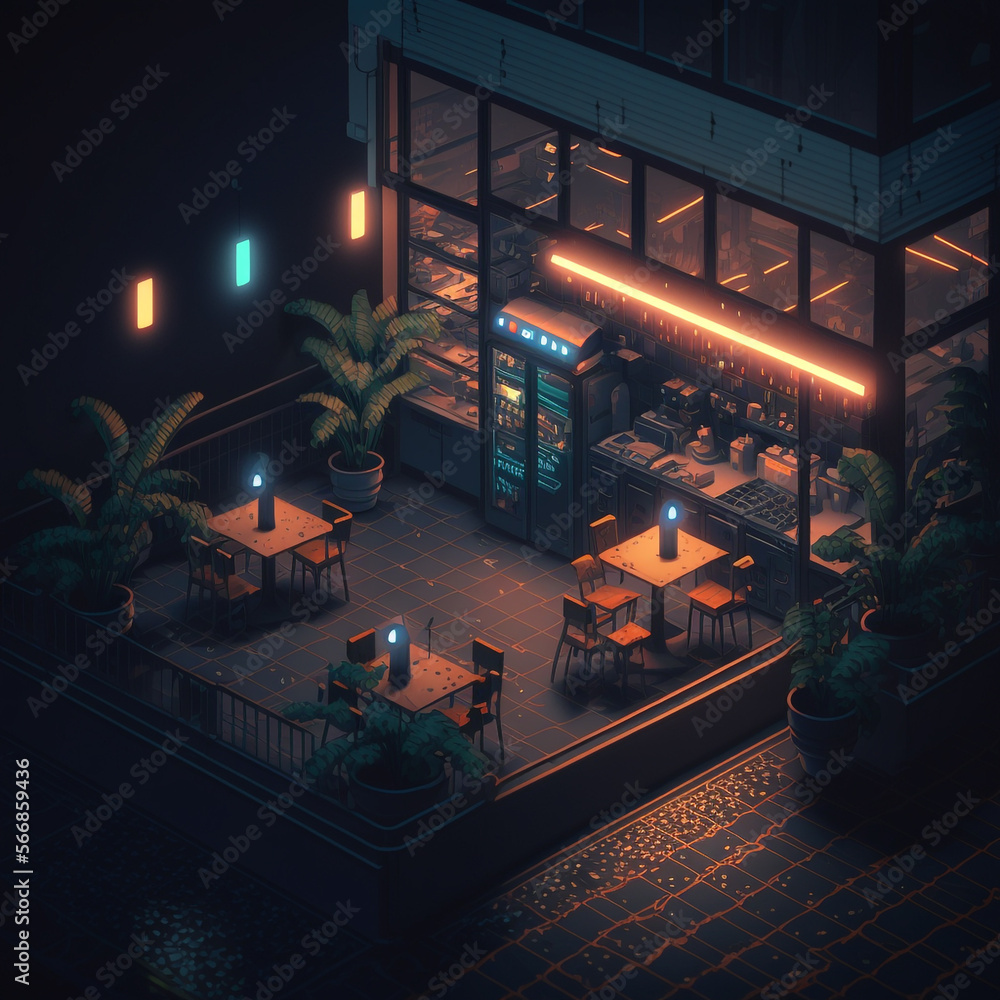 Pixel art Illustration of cafeteria on a rainy day in the city ...