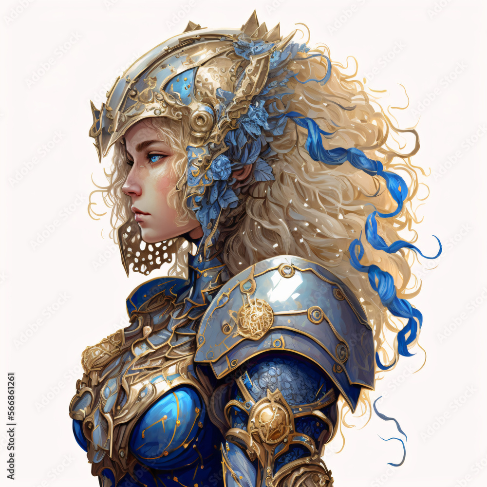 female cleric character concept design with blue hair and wearing a ...