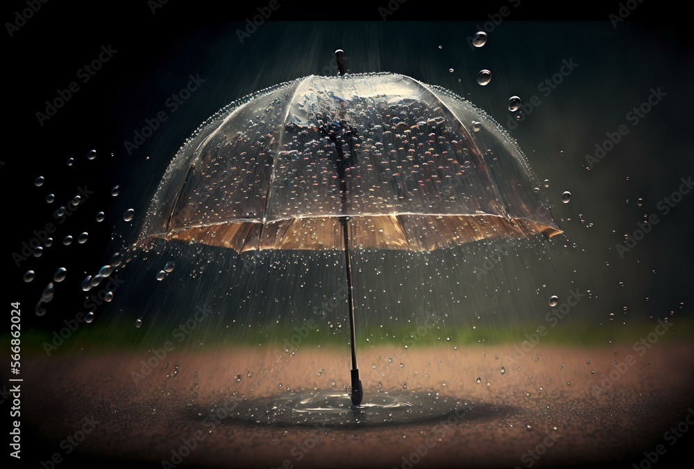 transparent umbrella in the rain with water splashes in the foreground ...