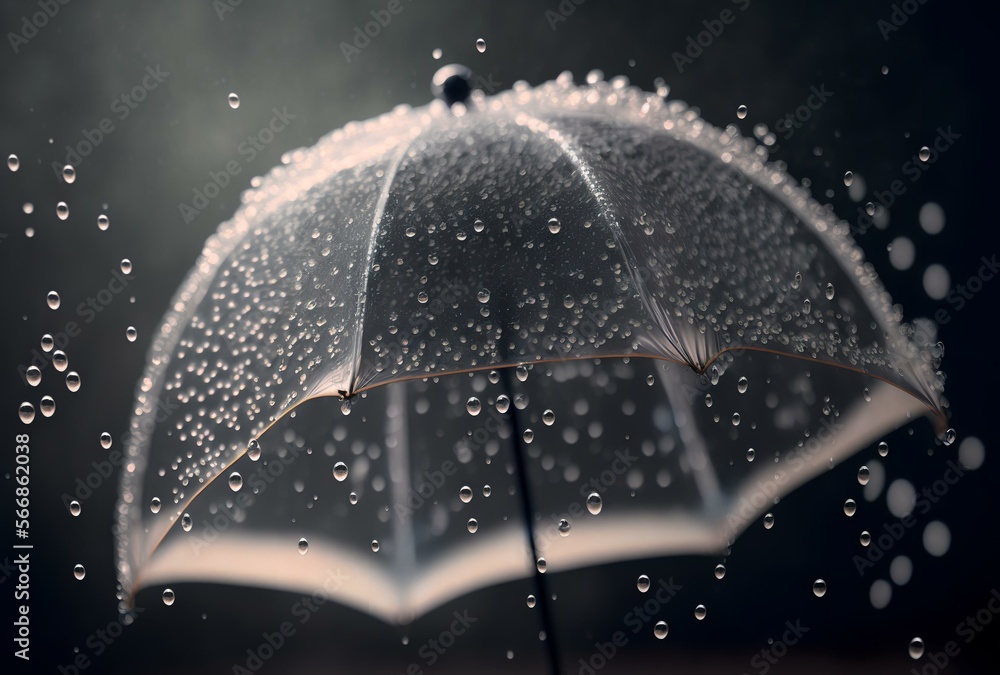 close-up shot of raindrops hitting the transparent umbrella, creating a ...