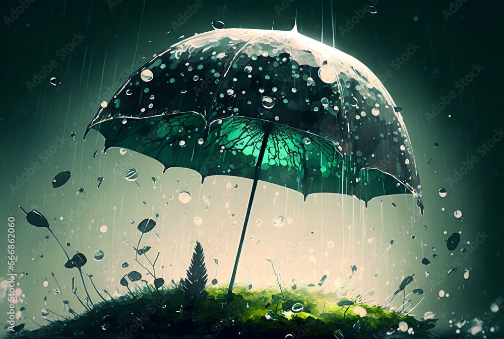 close-up shot of raindrops hitting the transparent umbrella, creating a ...