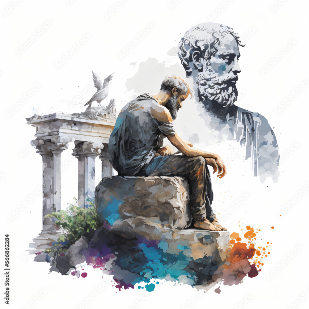 watercolor illustration of Aristotle sitting on a stone thinking ...