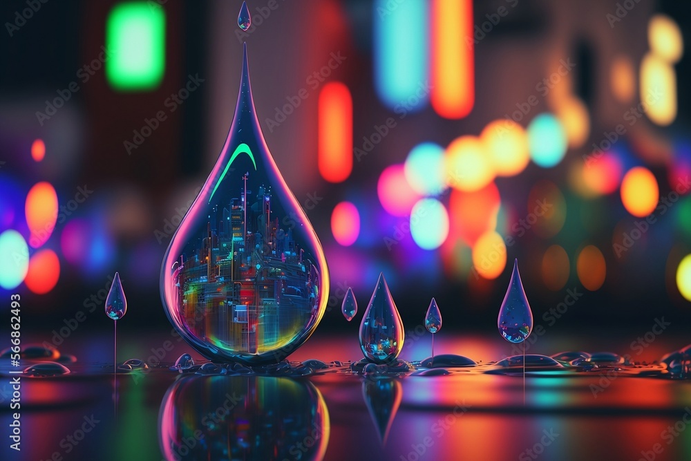 Bright and Colorful Neon City within a Water Droplet, Generative AI ...