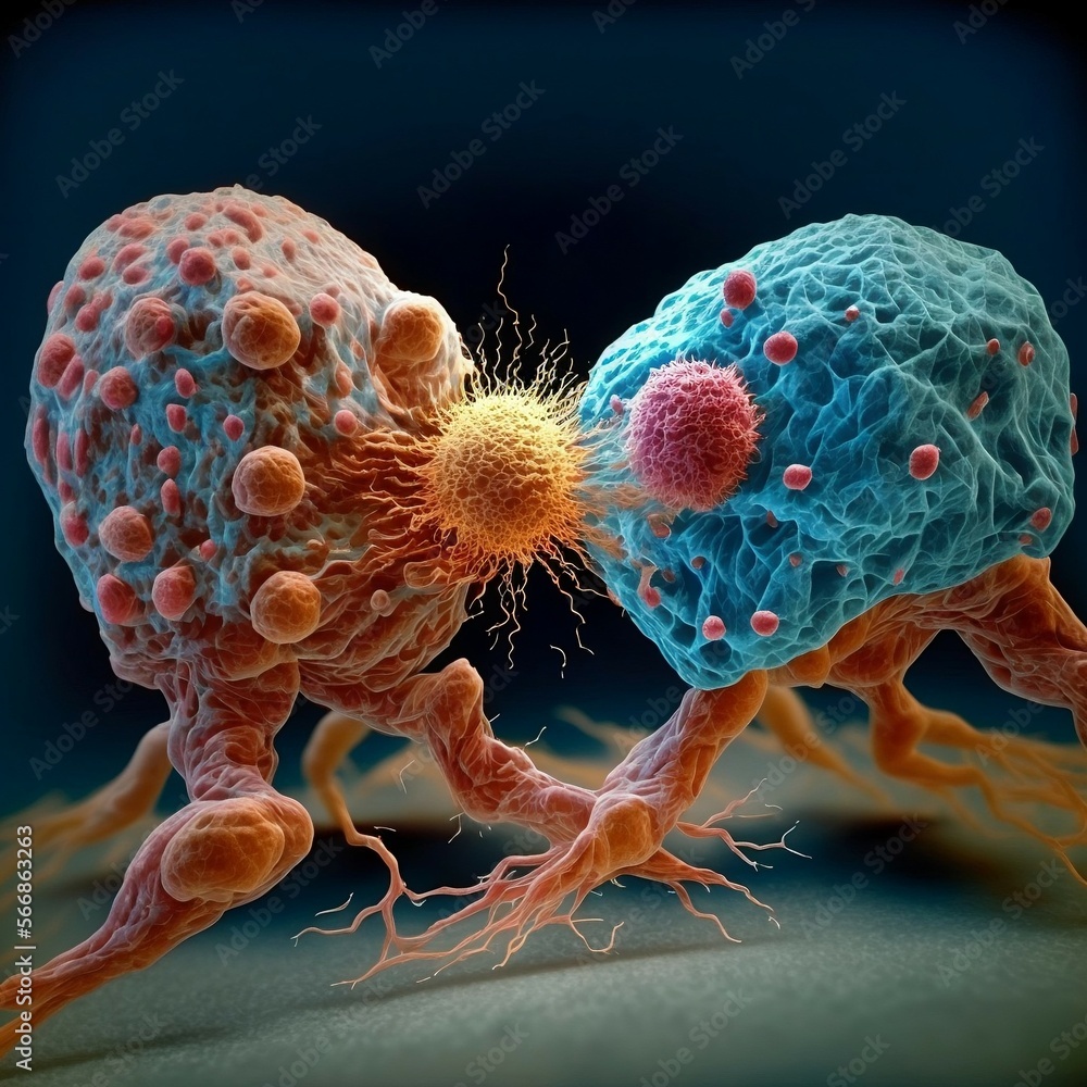 Immune cells fighting with cancer cells, bright colors, visual ...