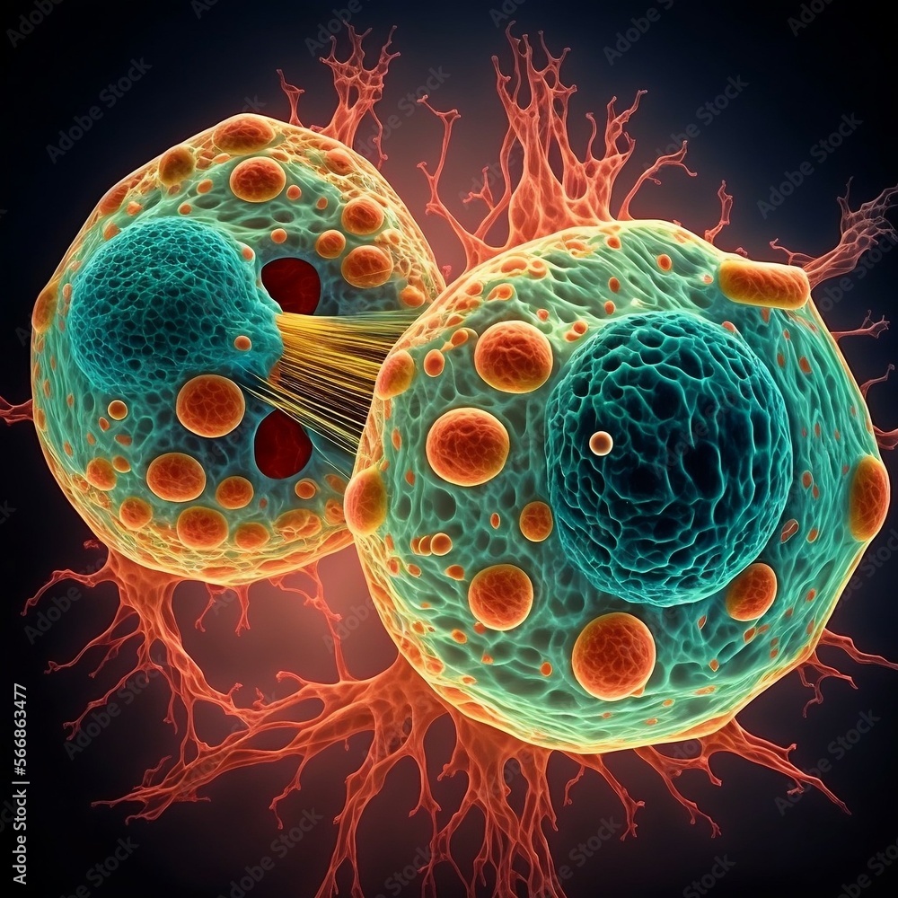 Immune cells fighting with cancer cells, bright colors, visual ... Immune cells fighting with cancer cells, bright colors, visual ...