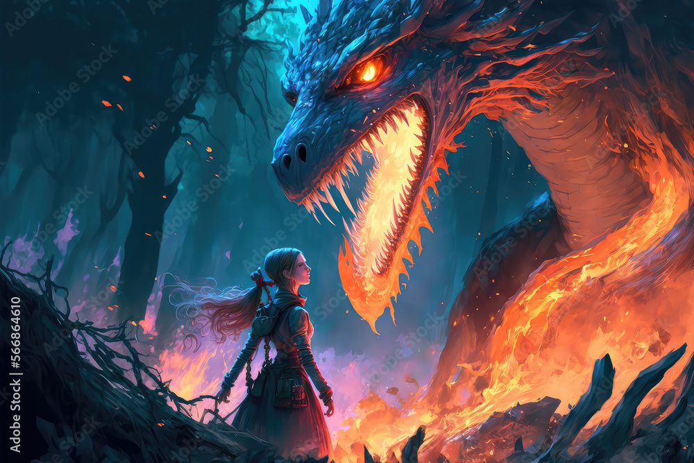 illustration painting of fantasy scene showing the girl fighting the ...