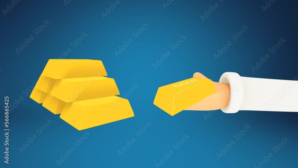 Cartoon hand holding gold in blue background. Gold falling down to hand ...