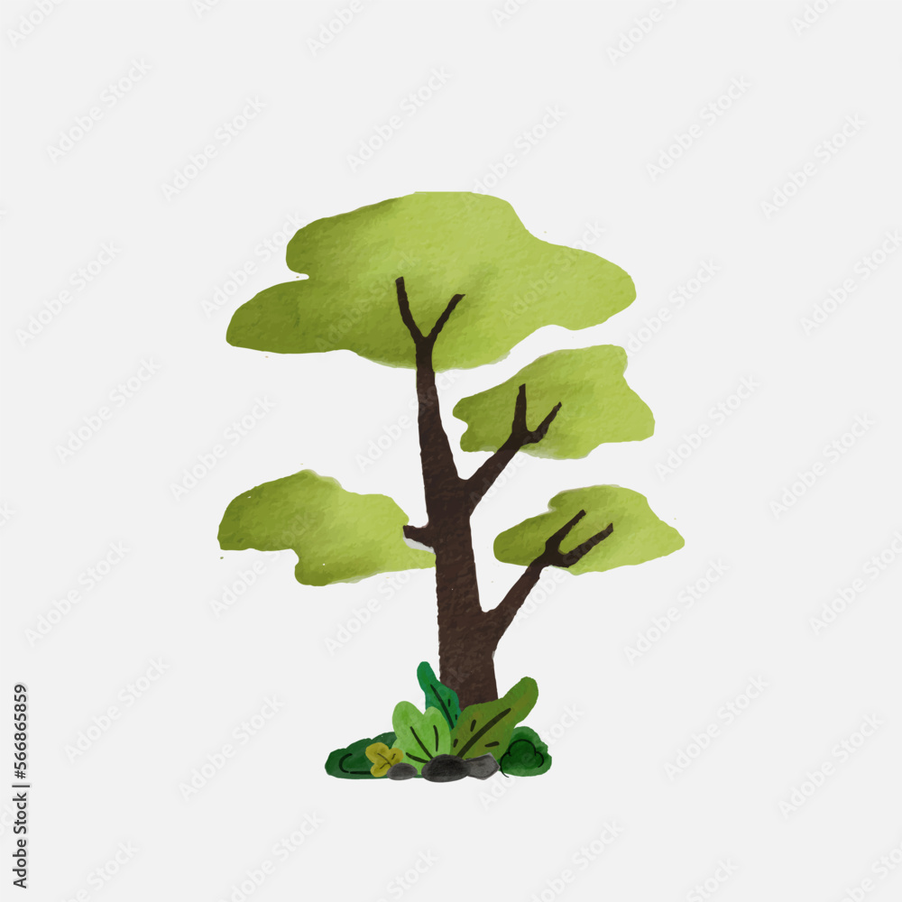 Watercolor stylized trees. Natural vector illustration. Side view tree ...