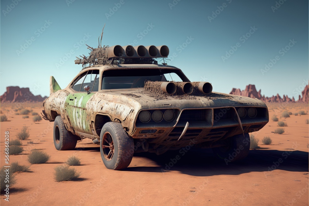 Landscape with deteriorated and rusty custom car in the desert, mad max ...