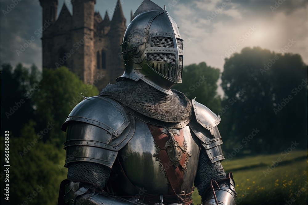 Medieval knight with armor, castle guard, castle in the background ...