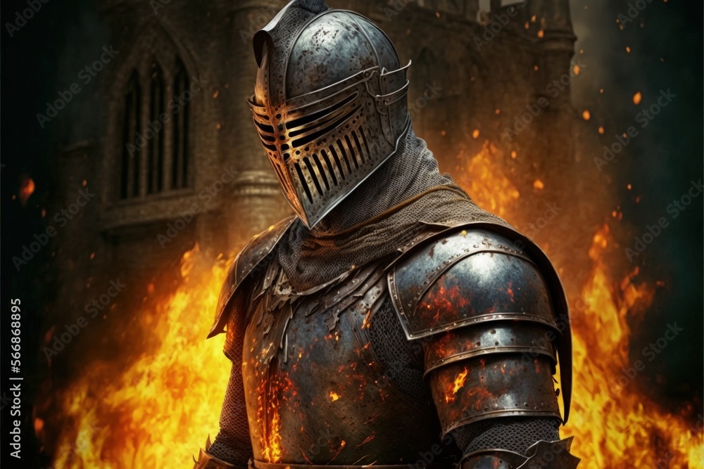 Medieval knight in armor, guarding the castle, burning castle in the ...