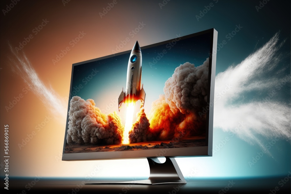 Rocket coming out of pc monitor screen, startup concept, gradient ...