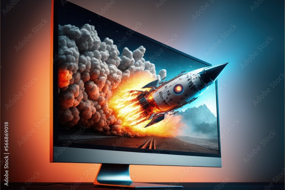 Rocket coming out of pc monitor screen, startup concept, gradient ...